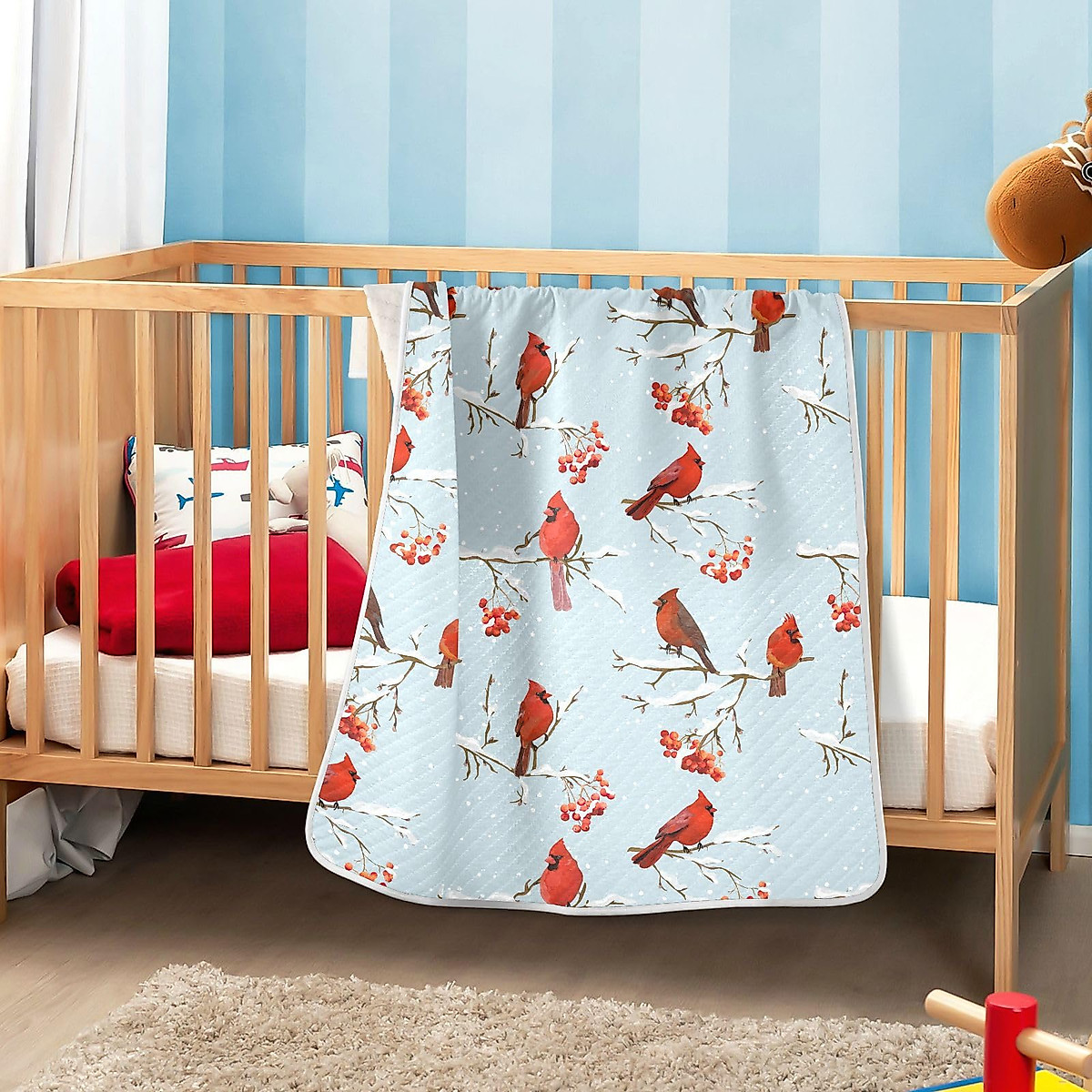 Nnamluu 30"X40" Baby Cotton Blanket Winter Birds Berries Nursery Blankets for Infants Receiving Blanket Swaddle Blanket Cardinal
