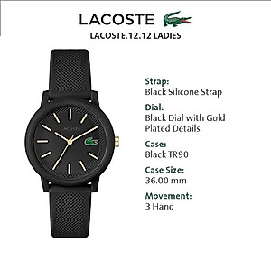 Lacoste 12.12 Women's Quartz Plastic and Silicone Strap Watch, Color: Black (Model: 2001212)