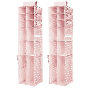 mDesign Long Soft Fabric Over Closet Rod Hanging Storage Organizer with 12 Divided Shelves, Side Pockets for Child/Kids Room or Nursery, Store Diapers, Wipes, Lotions, Toys - 2 Pack - Pink/White
