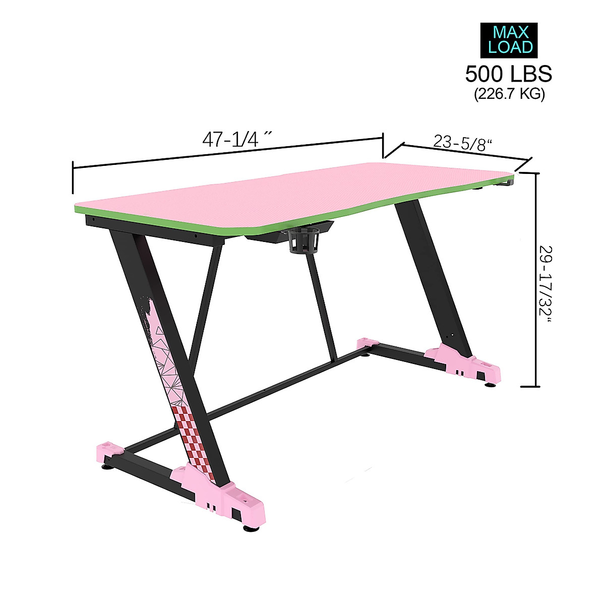 FUSLITE 55 Inch Gaming Desk, Carbon Fiber Surface Z-Shaped PC Computer Table, with Headphone Holder, Cup Holder, Cable Management Box, for Gamer, Pink & Green
