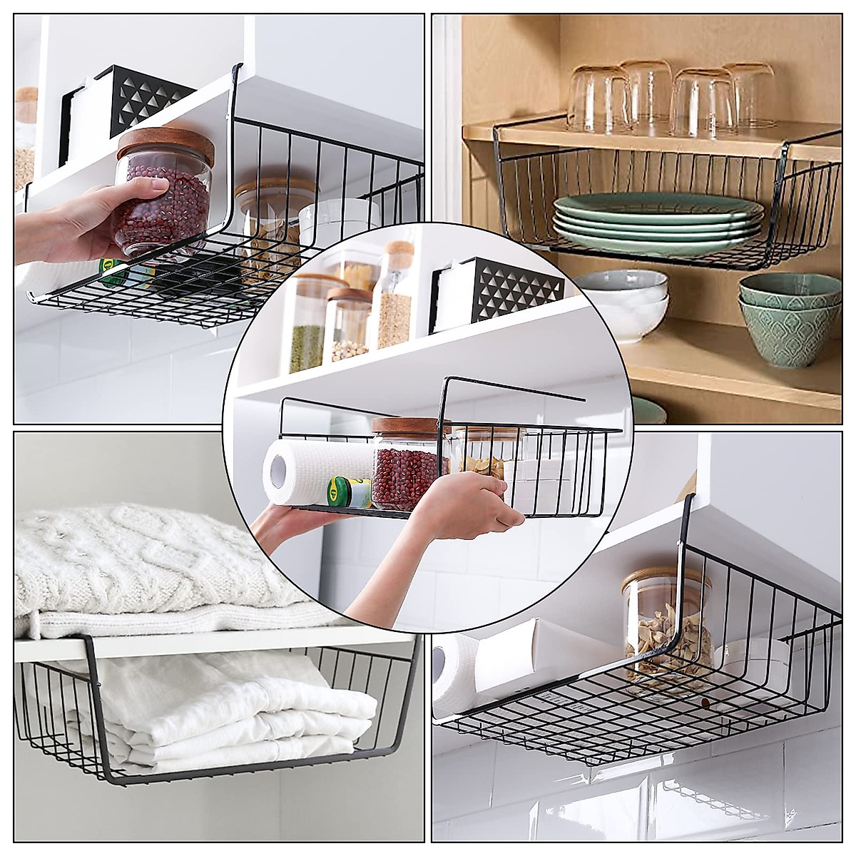 Tebery 4 Pack Black Under Shelf Wire Basket, Hanging Storage Baskets Under Cabinet Add-on Storage Racks, Slide-in Baskets Organizer for Kitchen Pantry Desk Bookshelf