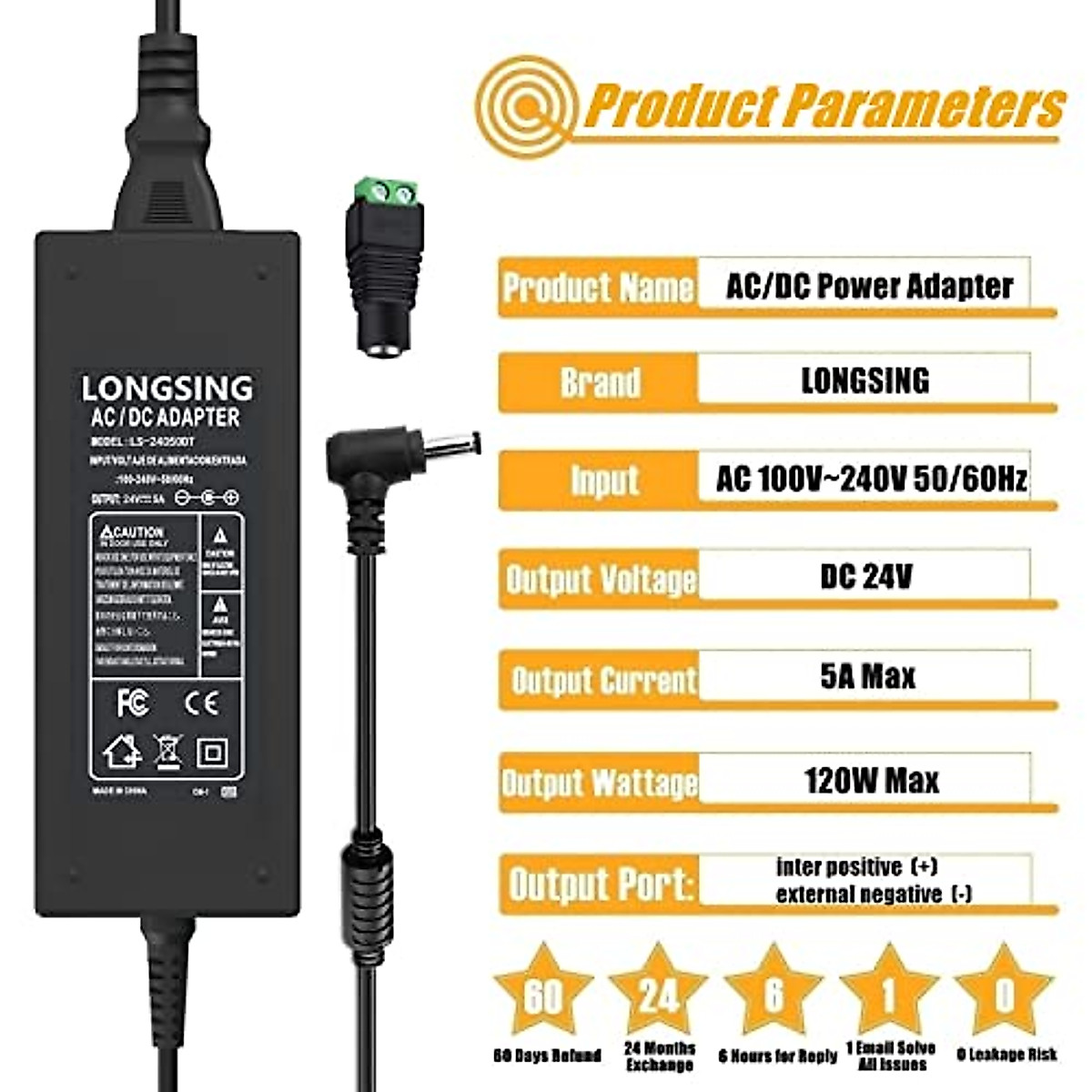 24V Power Supply Adapter, LONGSING 24V 5A AC DC Adapter, AC 100-240V to DC 24V, 5.5X 2.5mm DC Plug, Input 100V-240V, Output 24V 5A 120W, with DC Female Connector