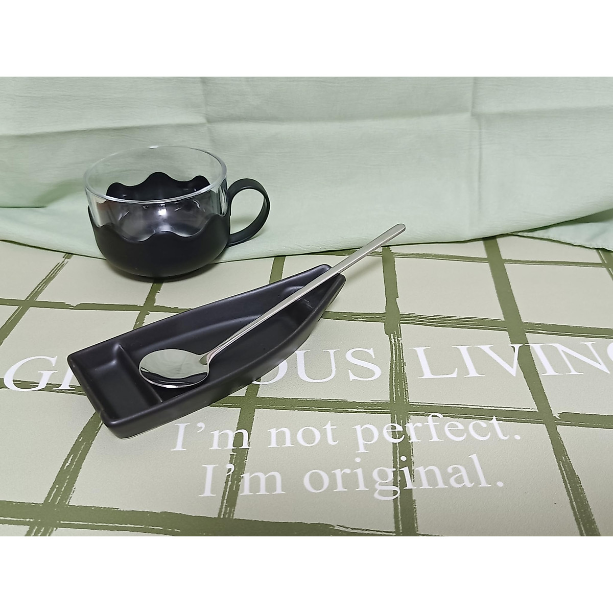 Coffee Spoon and Rest for Coffee Bar, Boat Small Spoon Rest for Coffee Station, Coffee Spoon Holder for Coffee Bar, Tea Spoon Rest Teaspoon Rest with Spoon (Matte Black + Round Spoon)