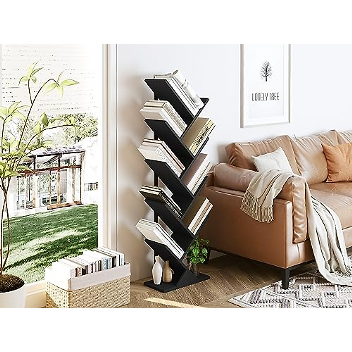 Yusong Tree Bookshelf, Geometric Bookcase with Steel Pipe for Living Room Bedroom, Floor Standing Books Shelves for Home Office (Black, 9 Tier)