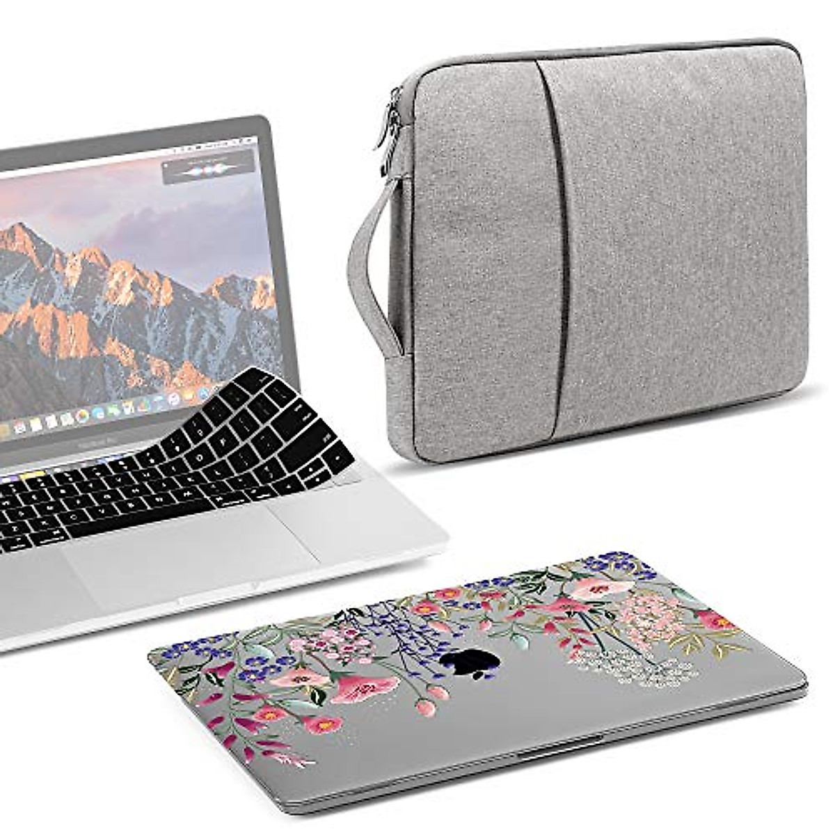 GMYLE MacBook Pro 15 Case 2018 2017 2016 Release A1990/A1707 Touch Bar Models, Plastic Hard Shell & Keyboard Cover & 15 inch Protective Carrying Sleeve Bag - Pink Plum Blossom Floral Garden
