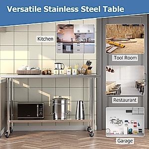 Goplus Stainless Steel Table with Wheels, 60” x 24” Rolling Kitchen Prep Table Work Table with Height Adjustable Under Shelf, Footpads, 900LBS Capacity, Food Prep Metal Table for Commercial Kitchen