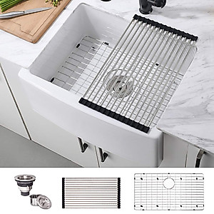 Hovheir 24 Inch Fireclay Farmhouse Kitchen Sink, 24 Laundry Sink White Fireclay Kitchen Sink Apron Sink with Accessories Farm Sink Single Bowl Kitchen Sink