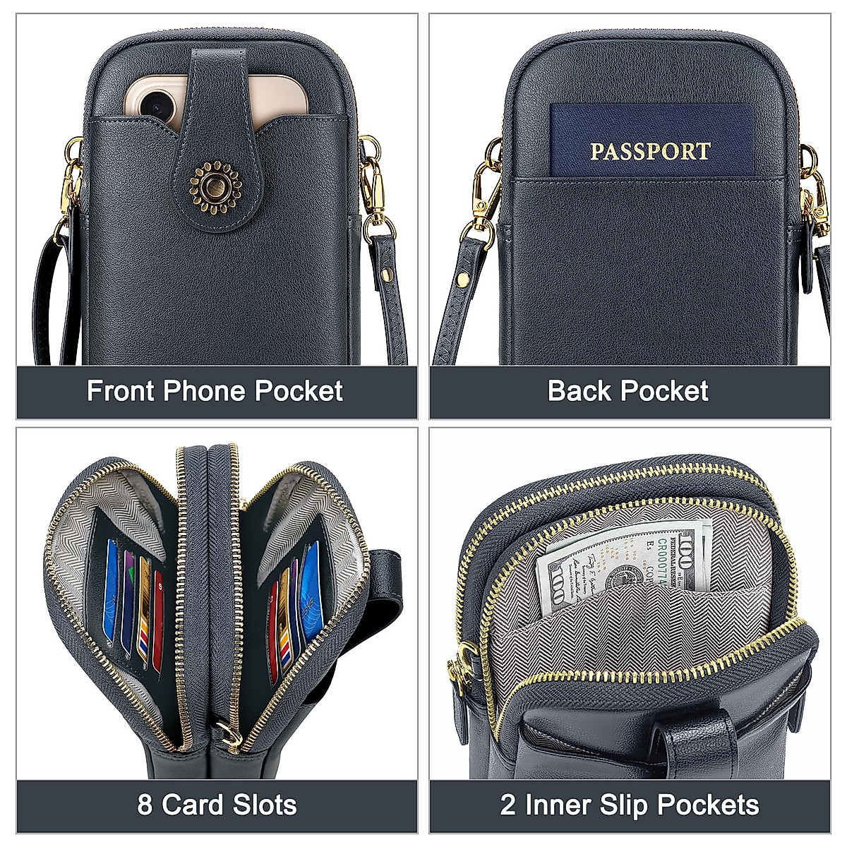 Peacocktion Crossbody Cell Phone Bag for Women, Small Leather Shoulder Handbag Purse with Credit Card Slots, Dark Grey