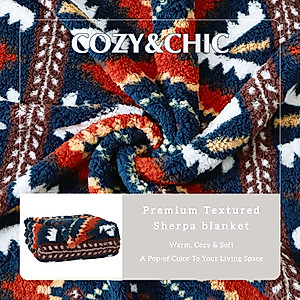 CASAAGUSTO Boho Sherpa Throw Blanket, Aztec Throw Blanket, Ultra Soft, Warm, Cozy, Plush, Thick Fleece Bohemian Throw Blanket for Couch, Bed, Sofa (Navy Blue 50 * 60 Inch)