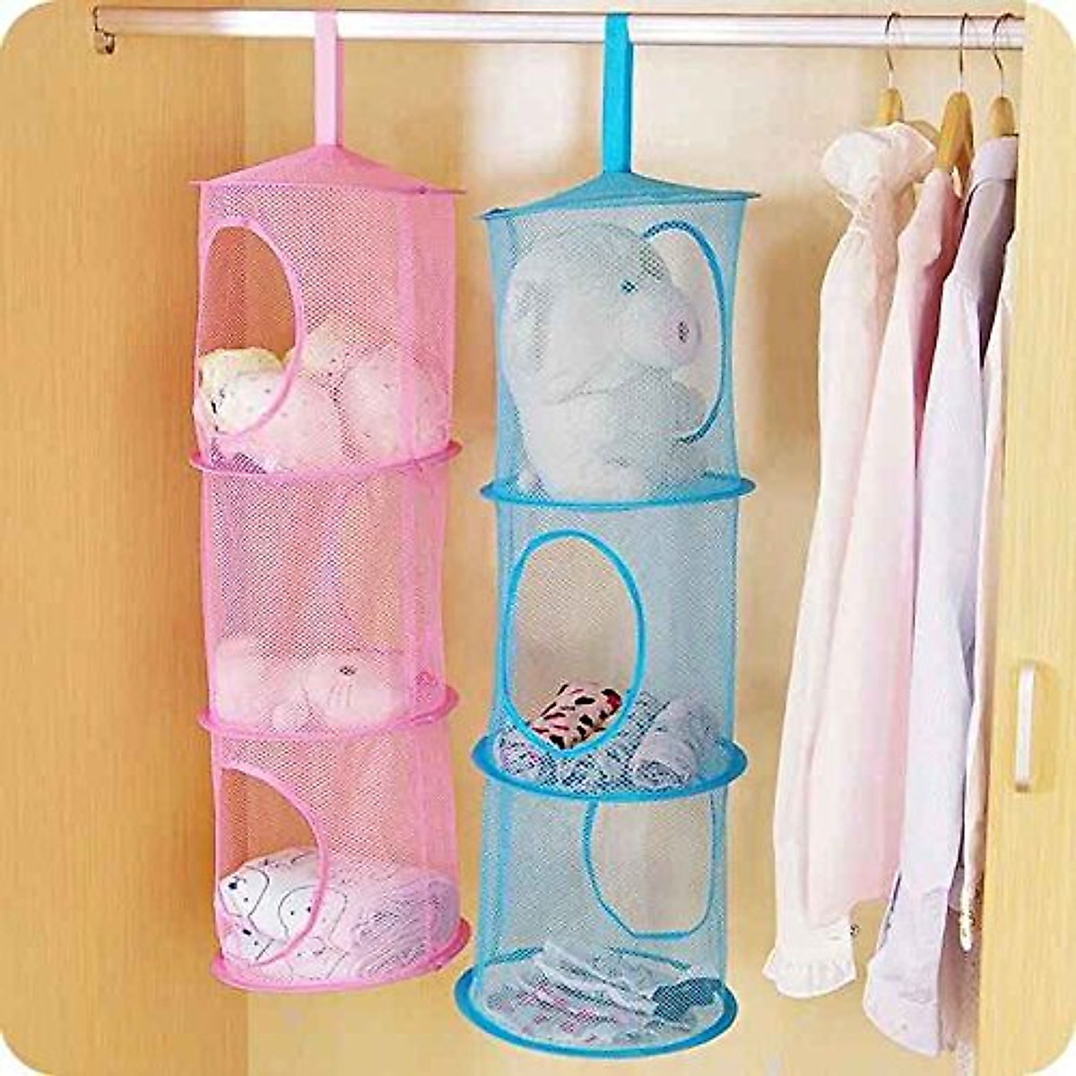 ChezMax Hanging Mesh Storage Organizer Foldable Space Saver Bags Toy Storage Basket for Kids Room Bathroom Wardrobe Wall Balcony 3 Compartments, 2 Pack