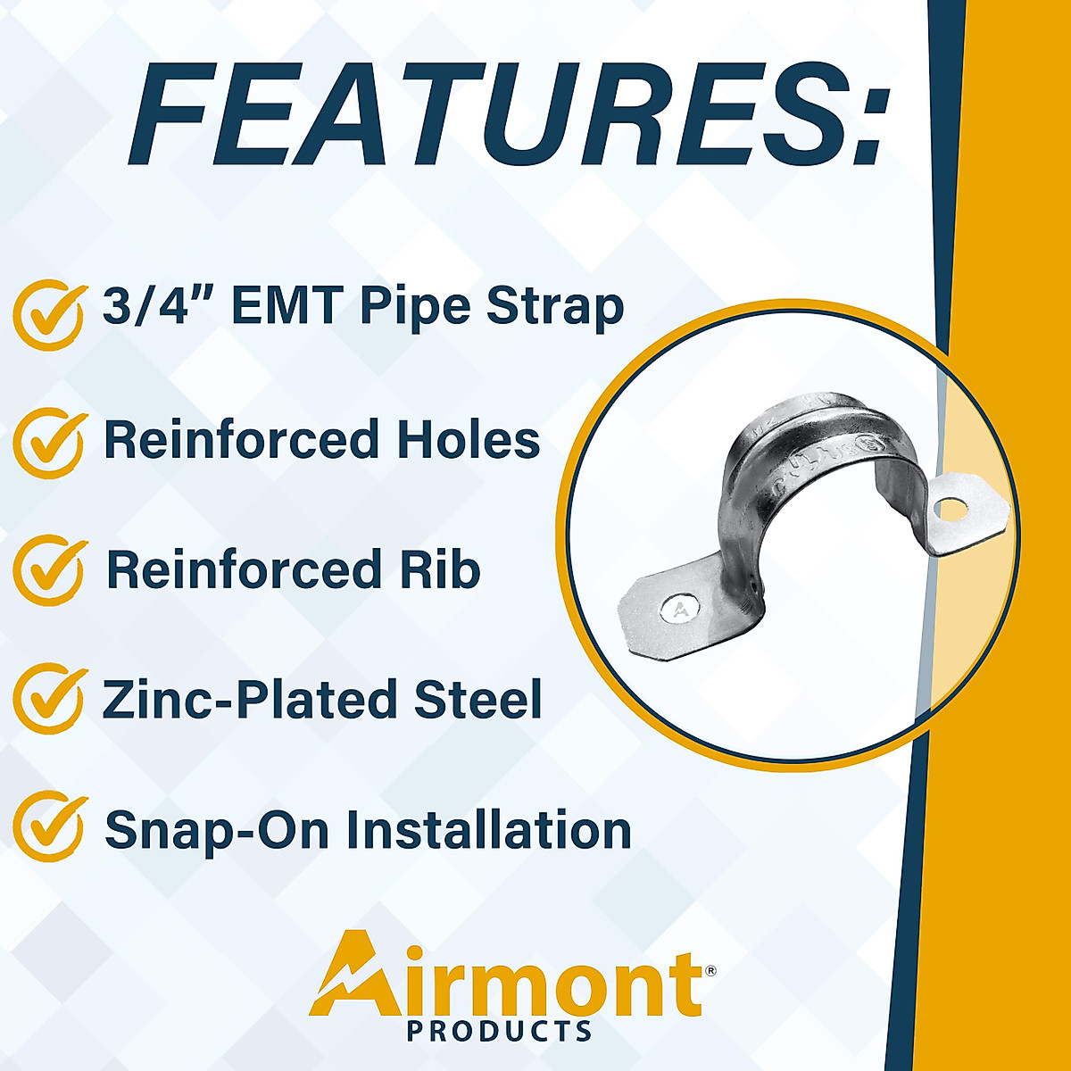 (Pack of 50) AP-10451, 3/4 Inch Two Hole Snap On Pipe Strap for EMT Conduit Installation, Reinforced Rib for Extra Strength, Galvanized Zinc Plated Metal, Tension Clamp for Easy Snap-On