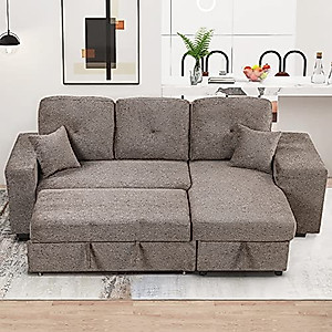 Bellemave Reversible Sectional Sofa Couch, L-Shape 3-Seater Sofa, Pull Out Sleeper Sofa Upholstered Couch 95" Sleeper Sofa with Side Shelf and 2 Stools for Living Room (Knox Charcoal)