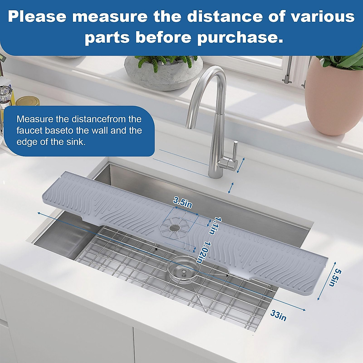 LVJING 33 inch Sink Splash Guard Mat, Sink Faucet Drying Mat, Silicone Faucet Handle Drip Catcher Tray, Longer Silicone Sink Mat for KitchenBathroom, Drip Protector Splash Countertop (Grey)