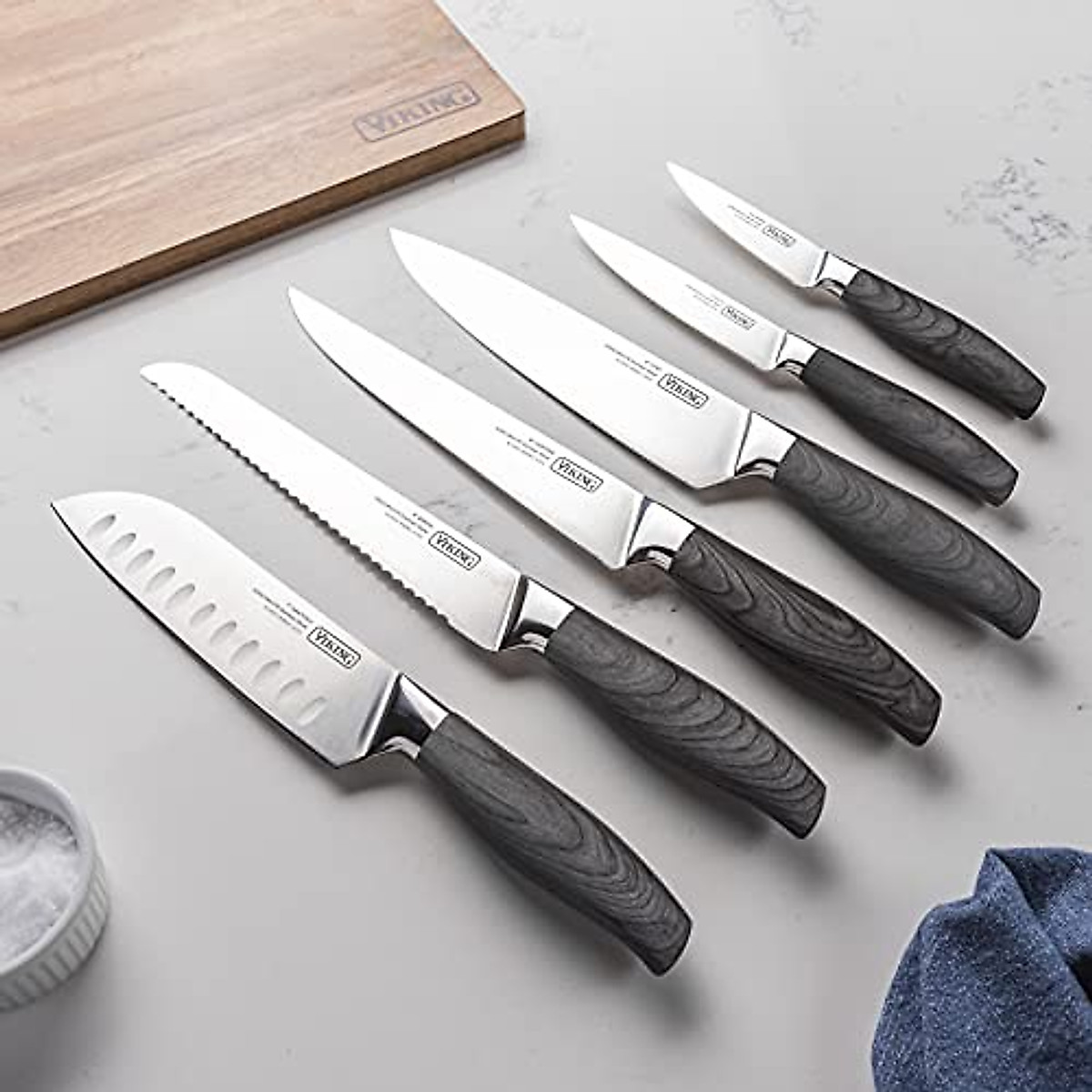 Viking Culinary German Steel Hollow Handle Cutlery Set, 6 Piece, Includes Protective Plastic Sleeve, All Essential Knife Types, Dishwasher Safe, Ash Wood Pattern Handles