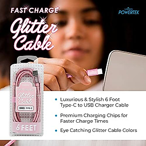 LIQUIPEL USB Type C Cable 6ft, USB A 2.0 to USB-C Fast Charger Extra Long Durable, Glitter Cables (Pink)