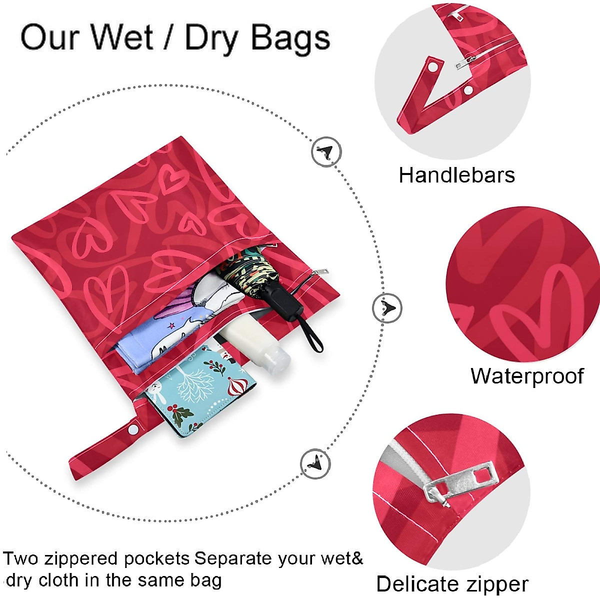 visesunny 2Pcs Wet Bag with Zippered Pockets Red Heart Diaper Bag Washable Reusable Roomy for Travel,Beach,Pool,Daycare,Stroller,Diapers,Dirty Gym Clothes, Wet Swimsuits, Toiletries