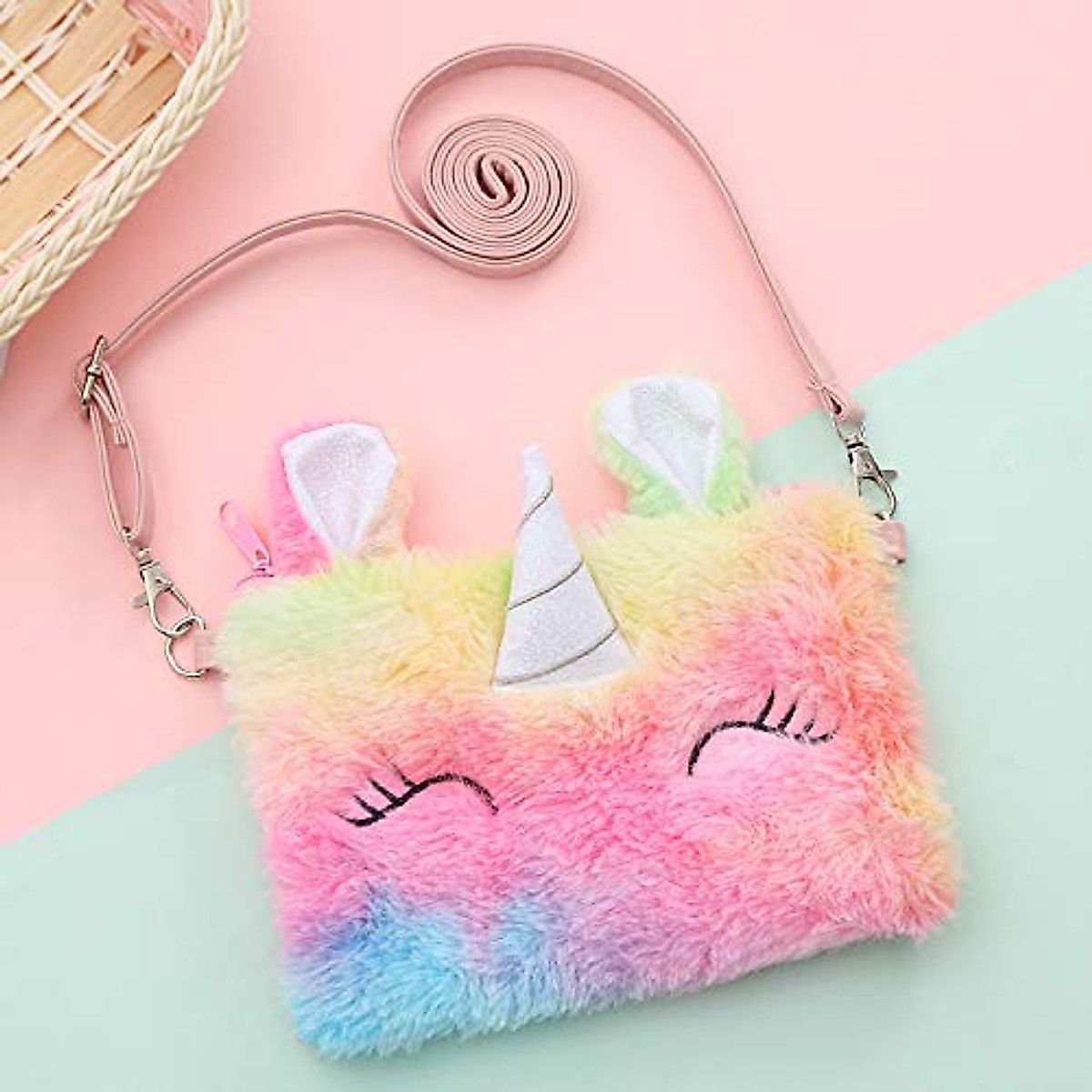 2pcs Little Girl Unicorn Purses Toddler Purses,1pcs Mermaid Bag with Cat Ear Hair Clips/Elastic Hair Ties and Plush keychain