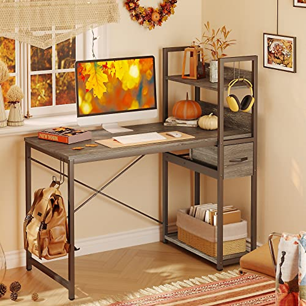 Bestier Home Office Desk with Drawer and Cable Management Rack, 47 Inch Computer Desk with Shelves, Writing Desk with Reversible Storage Bookshelf (Retro Grey Oak Dark)
