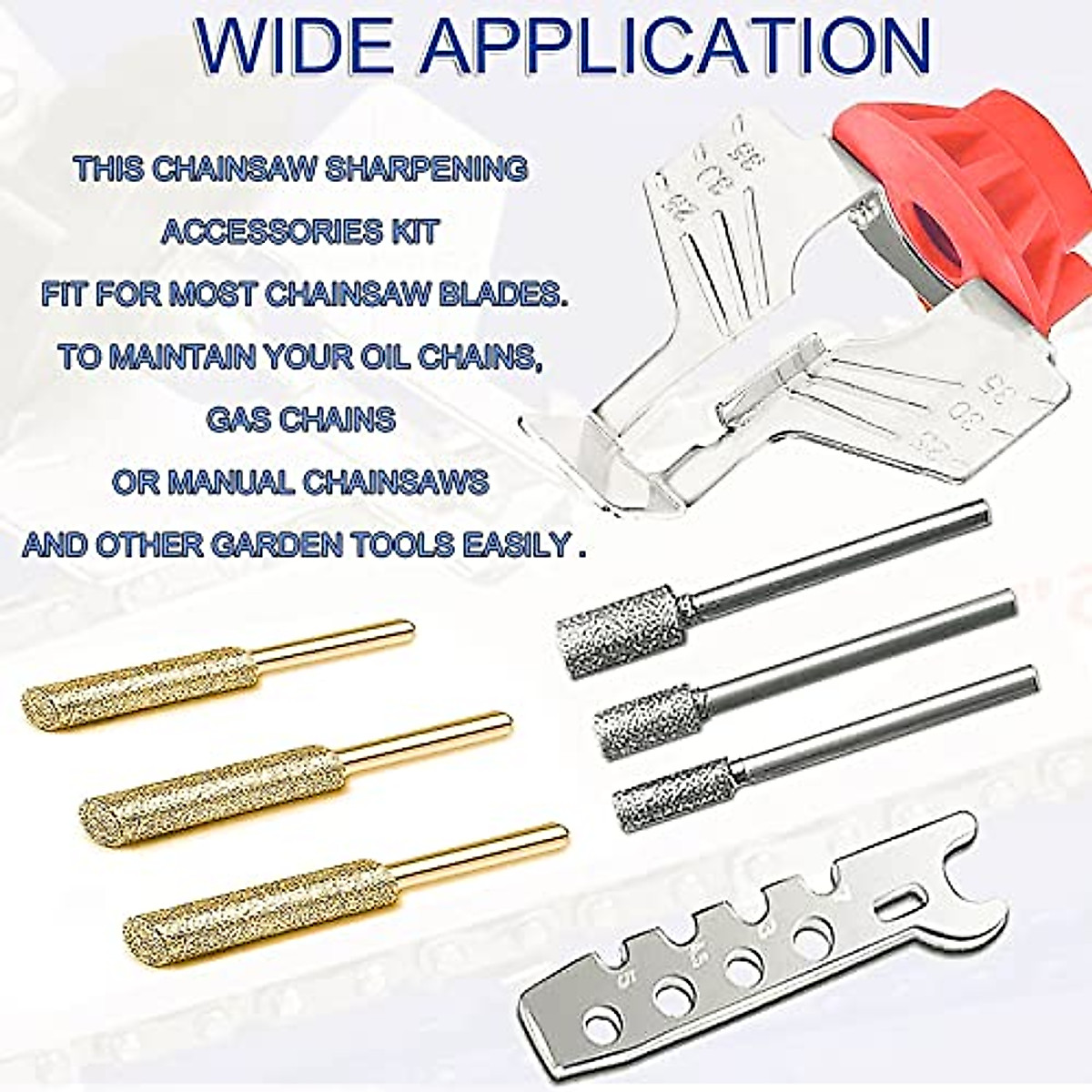 Chainsaw Sharpening Attachment Kit - 8Pcs Chain Saw Blade Teeth Sharpener Set with Angle Guide and Diamond Burr Grinding Stone Files, Drill Power Tool Accessories for Gardening Lawn Mower Chainsaw