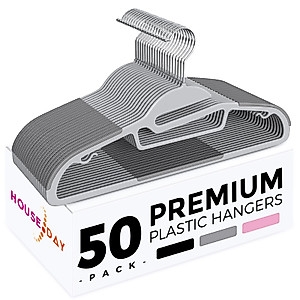 HOUSE DAY Grey Plastic Hangers 50 Pack, Slim Clothes Hangers Space Saving, Non Slip Hangers with Rubber Pads, Sturdy Coat Hangers for Closet, S-Shaped Hangers for Shirt, Suit, Pant, Skirt