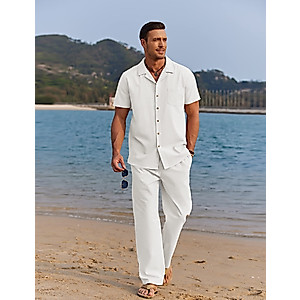 COOFANDY Mens Coordinated Outfit Linen Beach Casual Cuban Button Up Shirts Drawstring Pants, A-white, X-Large