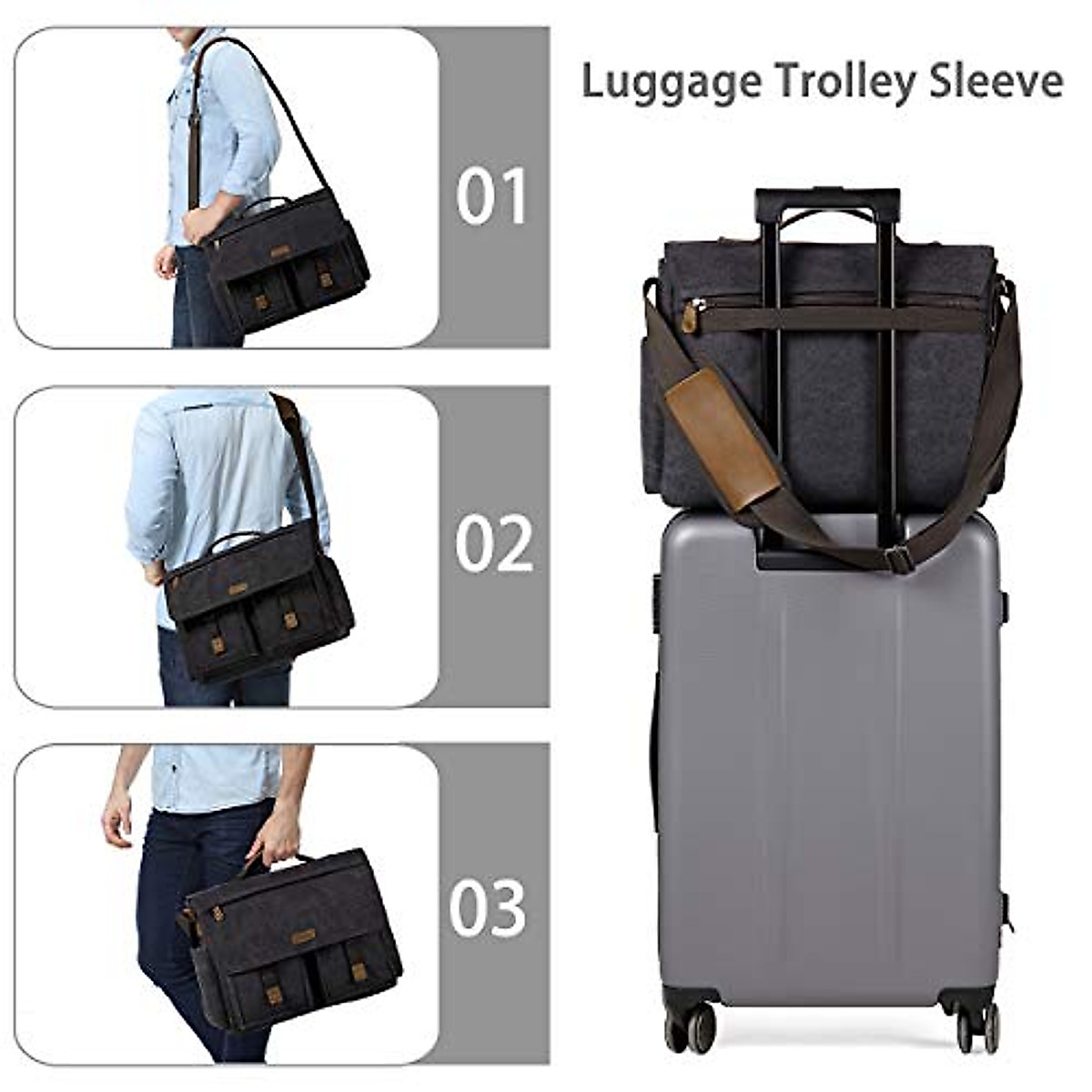 VASCHY Messenger Bag for Men, Vintage Water Resistant Waxed Canvas Satchel 15.6 inch Laptop Briefcase Shoulder Bag with Padded Shoulder Strap Gray