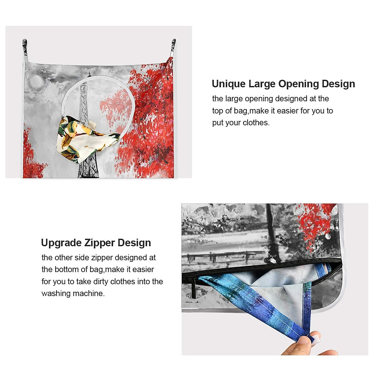 Paris Eiffel Tower Door Hanging Laundry Hamper Bag Red Tree Lovers Space Saving Wall Large Laundry Basket Storage Dirty Clothes Bags with Bottom Zippers Hooks for Bathroom Bedroom 1 Pcs