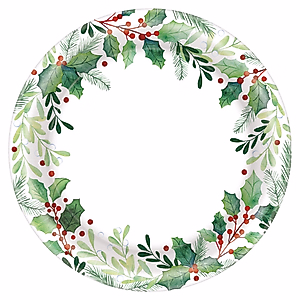 Amscan Traditional Holly Round Plates (Pack of 40) - 6.75" - Festive Green, Red, & White Design, Perfect for Christmas Entertaining and Joyful Gatherings