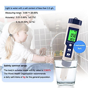 5 in 1 TDS/EC/PH/Salinity/Temperature Meter Digital Water Quality Monitor Tester for Pools, Drinking Water, Aquariums,Hydroponics