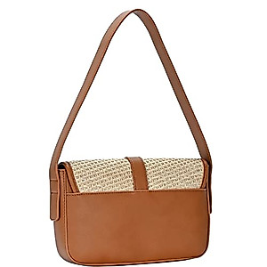 Vegan Leather Rattan Straw Y2K Retro Shoulder Bag Tote Purse Clutch (Tan)