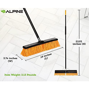 Alpine Industries Push Broom Heavy Duty Smooth Surface Broom Deck Scrubber Long Handle Commercial Floor Scrub Broom Cleans Dirt, Debris, Sand, Mud, Leaves and Water (Yellow, 18 in)