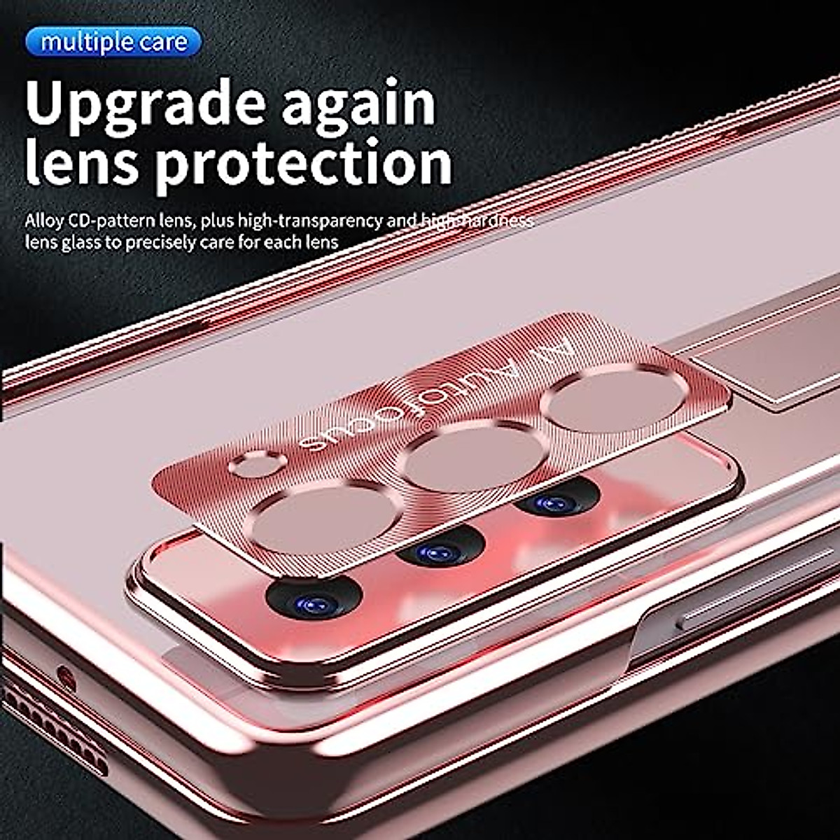 PUROOM for Samsung Galaxy Z Fold 5 Hinge Coverage Protective Case Transparent Plating PC with Pen Holder Kickstand Screen Protector All-Inclusive Case (z fold 5, Rose Gold)