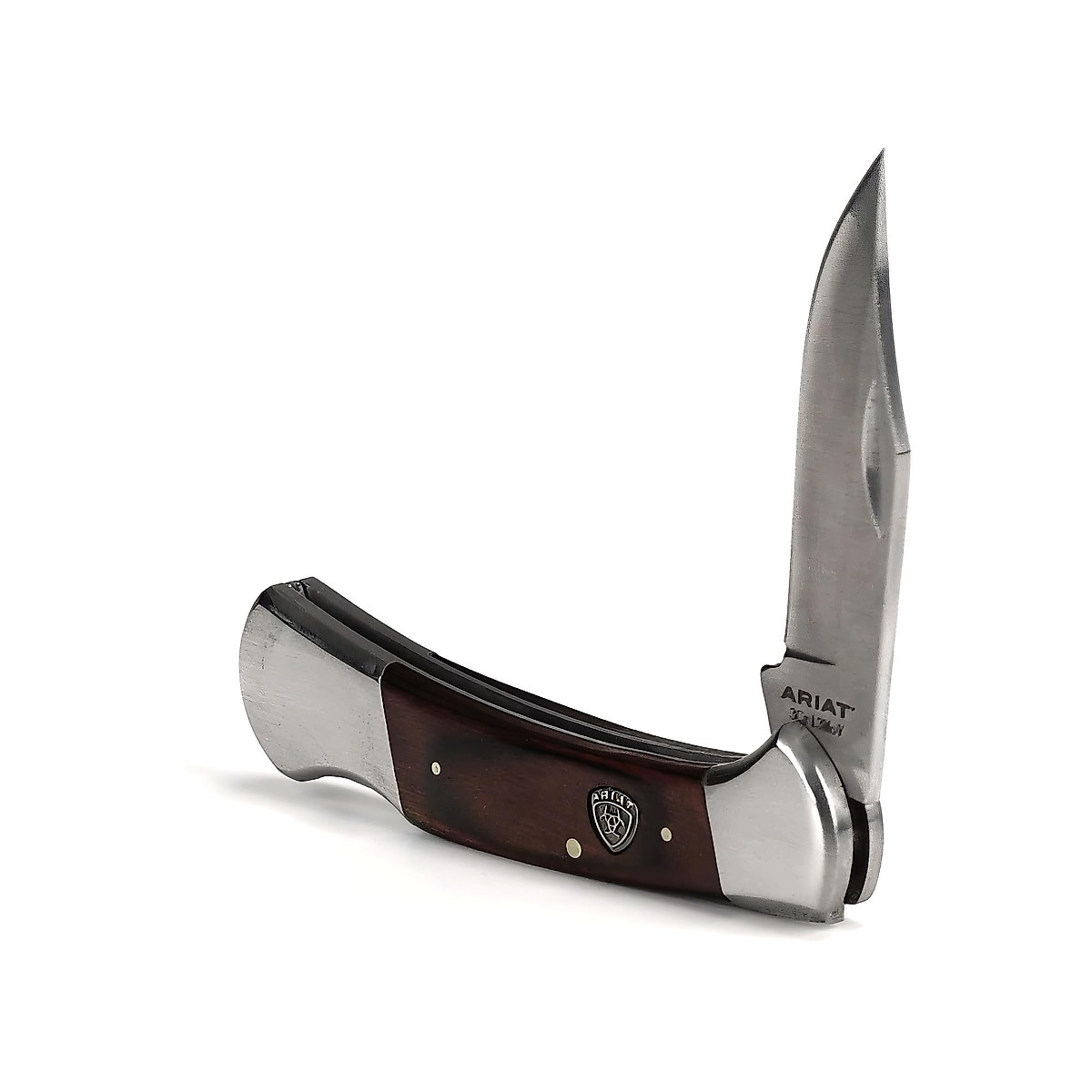 ARIAT Large Folding Knife - 3-3/8" Smooth 3CR13 Steel Blade with Back Lock and Brown Wood Handle