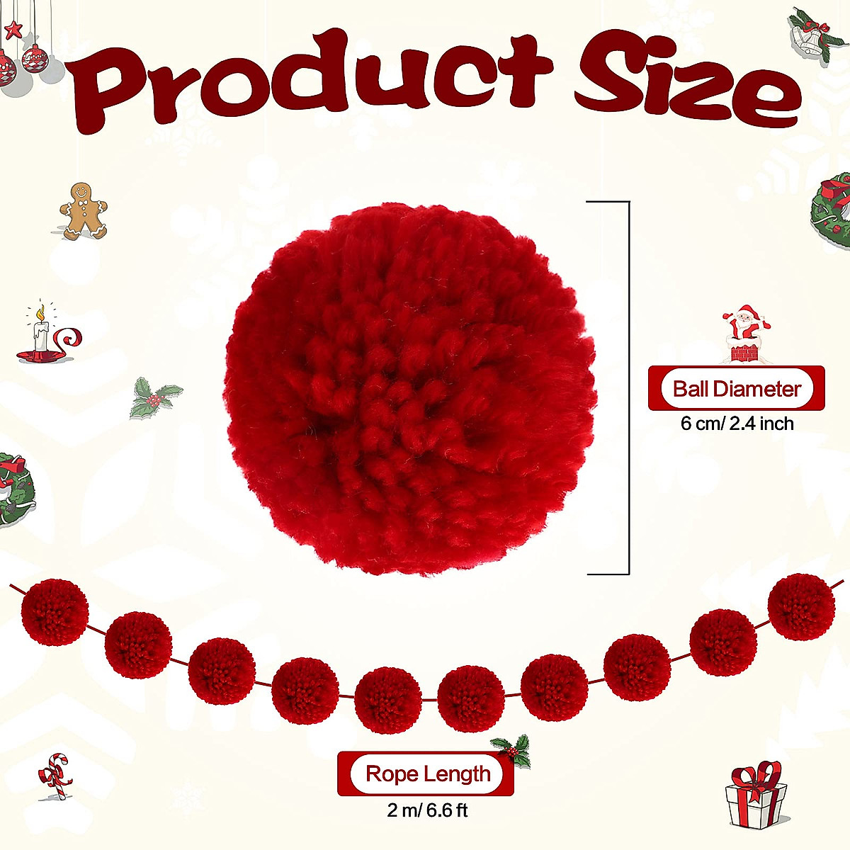 Tatuo 79 Inch Pom Pom Garland Christmas Hanging Garland Felt Ball Garland 48 Balls 2.4 Inch Christmas Tree Decoration for Wall Room Festival Wedding Birthday Xmas Party Decorations (Red)