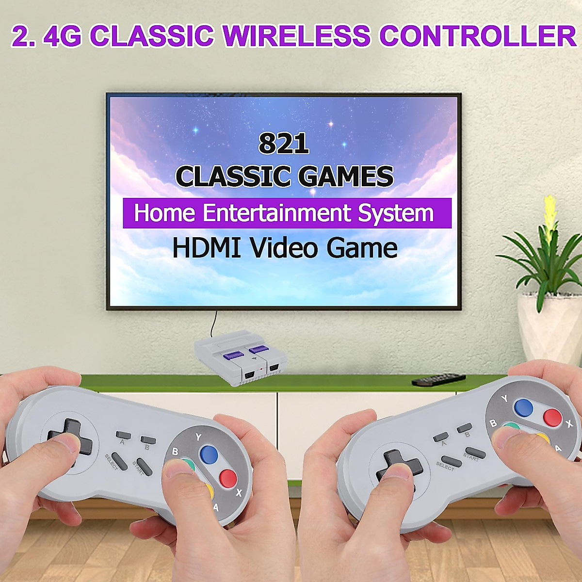 Wireless Retro Game Console - Mini Classic Game System Plug and Play with 2 Classic Wireless Controllers Built in 821 Old School Video Games HDMI HD Output Ideal Gift for Kids and Adults