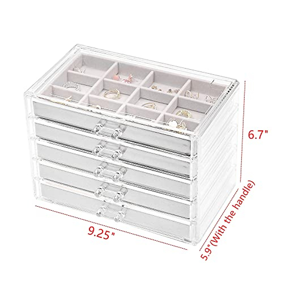 Cq acrylic Earring Jewelry Organizer with 5 Drawers,Clear Acrylic Jewelry Box for Women,Velvet Earring Display Holder for Earrings Ring Bracelet Necklace,Birthday and Christmas Gift,Grey