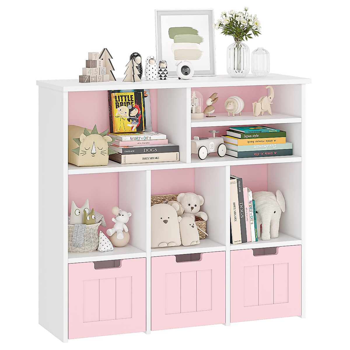 GarveeHome Toy Storage Organizer Kids Bookcase with 3 Movable Drawers Toy Storage Cabinet with Hidden Wheels Multifunctional Storage Chest for Playroom,Nursery and Bedroom, Pink