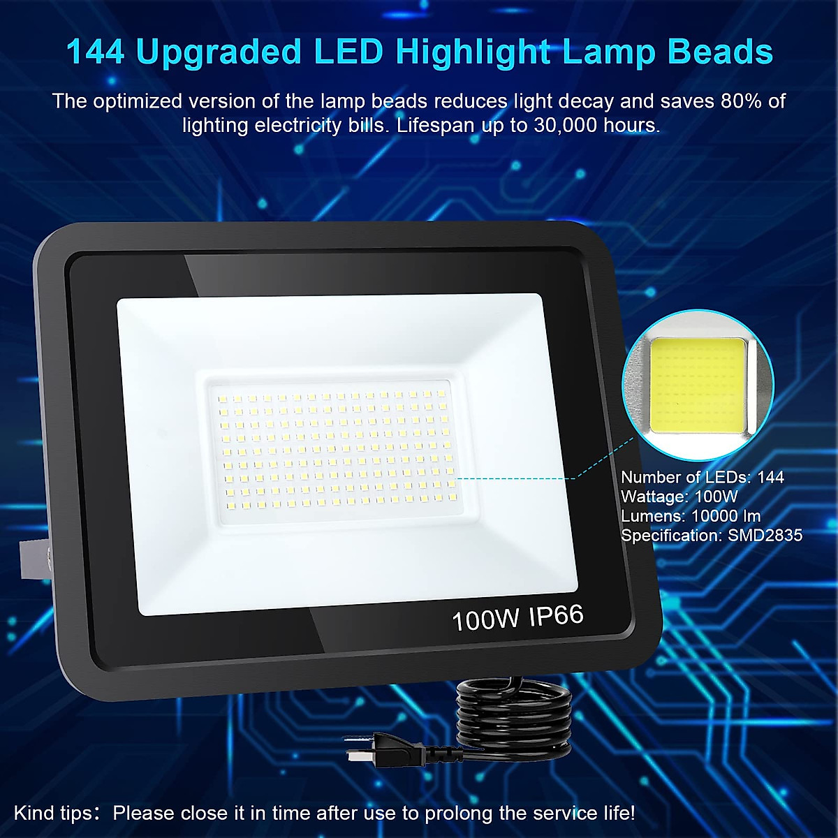 LKXDOV LED Flood Lights Outdoor, 100W 10000LM Outside Work Light with Plug IP66 Waterproof, 6000K Portable Exteriores Security Floodlights for Yard, Garden, Stadium, Playground (2 Pack)