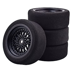 Shaluoman 4Pcs 1/10 On-Road Foam Tires& 2080-3mm Wheel Rims 12mm Hex for HSP HPI RC Racing Car Toy, Black
