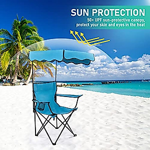 rotinyard Folding Camping Chair with Canopy Shade for Adults, Portable Beach Chairs with Umbrella Support 330 lbs, Heavy Duty Lawn Chair with Cup Holder for Outdoor Fishing Picnic Garden Sports Patio