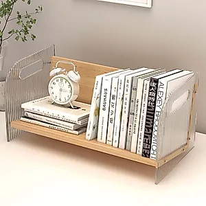 Desktop Bookshelf, Tilted Mini Bookshelf for Desk, Elegant Tabletop Bookshelf（Acrylic and Wooden ）, Book Shelf for Books Magazine CD, Tiny Bookshelf and Storage Rack in Living Room/Office/Home.