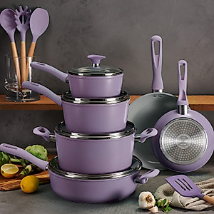 Tramontina 14-Piece Ceramic Non Stick Cookware Set with Lids, Heavy-Gauge Aluminum Pots and Pans Kitchen Set with PFOA/PTFE-Free Nonstick Coating, Dishwasher and Oven Safe (Purple)
