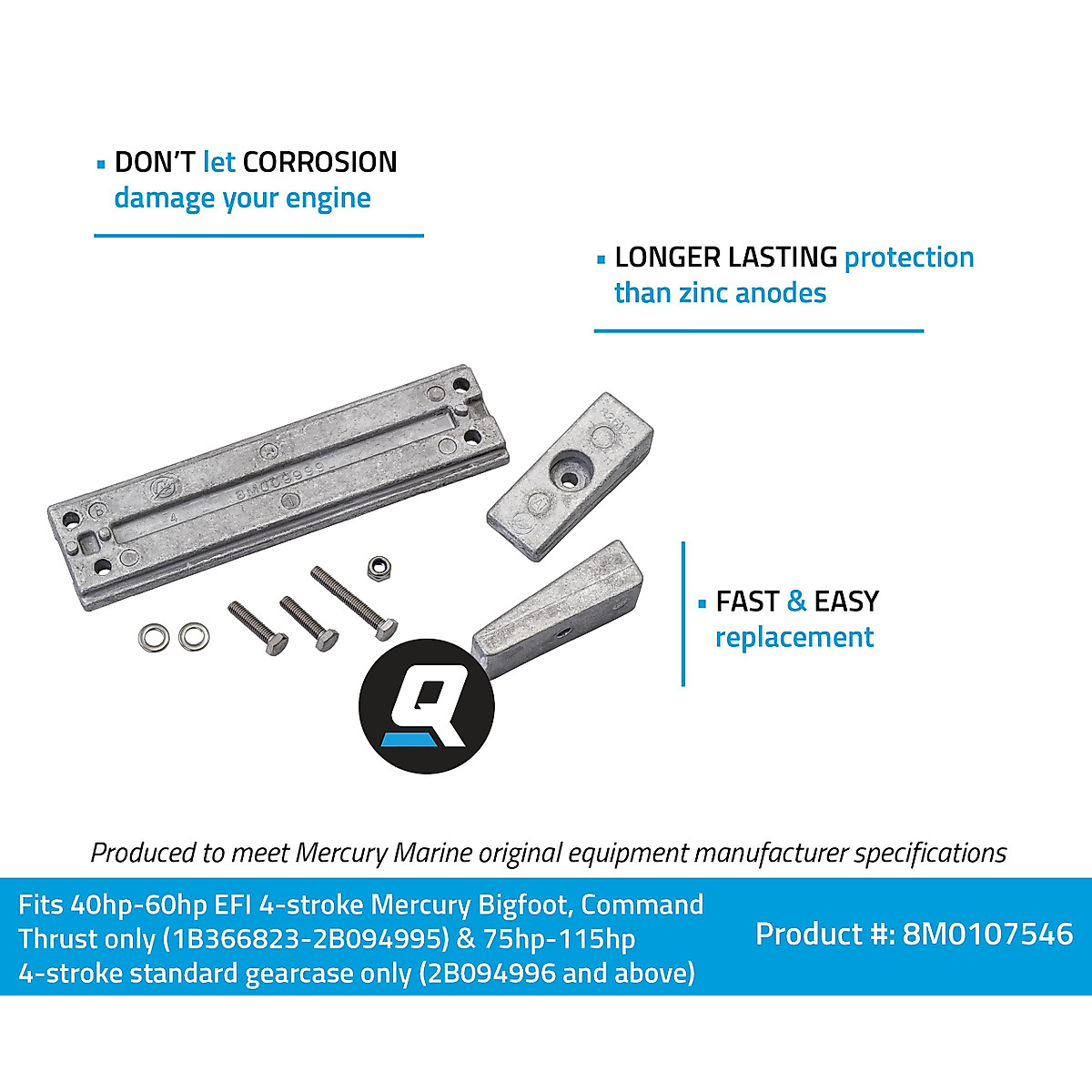 Quicksilver 8M0107546 Aluminum Anode Kit for Select Mercury 40-115 Hp Outboards