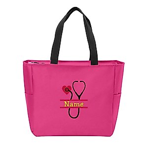 all about me company Personalized Monogram Tote Bag Nurse Doctor Appreciation Heart Stethoscope Initials Gift RN LPN CNA (Design #3/Pink Azaela)