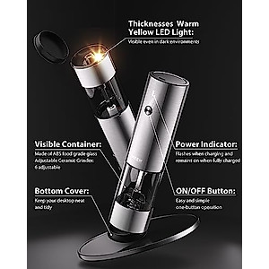 [Upgraded Larger Capacity] Electric Salt and Pepper Grinder Set Rechargeable with LED lights - Stainless Steel Automatic Pepper Grinder and Salt Grinder Refillable with 6 Adjustable Coarseness