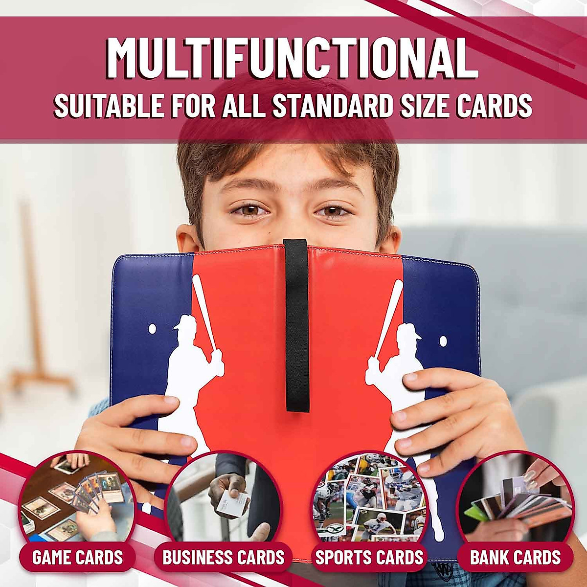 Baseball Card Binder with Sleeves - 3 Ring Waterproof Card Album with 50 Sleeves, Zipper Close, Large Capacity Card Holder Stores 900 Sports Cards (Baseball)