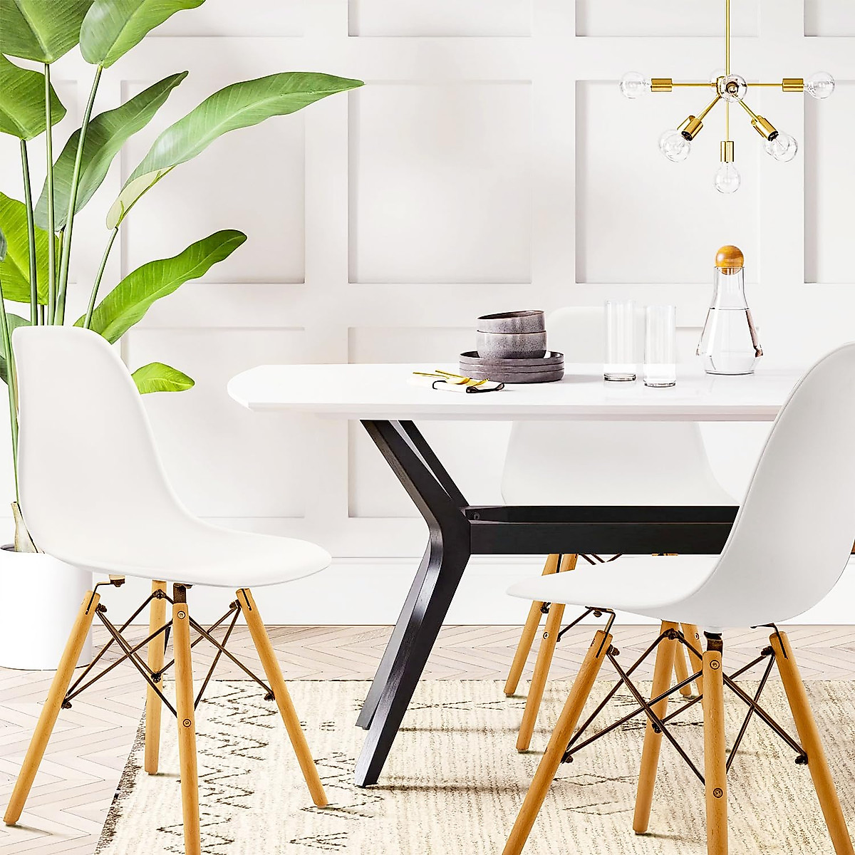 Furniwell Pre Assembled Modern Style Dining Chair Mid Century Modern DSW, Indoor Plastic Shell Lounge Plastic Chairs Side Chairs Set of 4 (White)