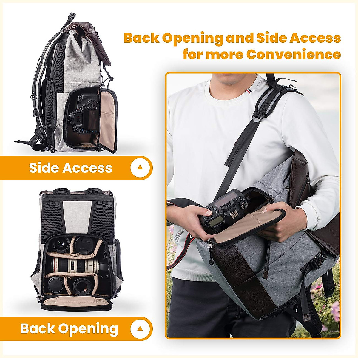 TARION Camera Backpack Waterproof Camera Bag Waterproof Certified IPX5 Large Capacity Side Access with 15.6 Inch Laptop Compartment Rain Cover for Women Men Photographer Lens Tripod Tablets