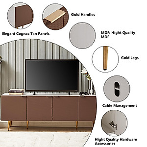 Vliekcy TV Stand for 70 Inch TV, Media Entertainment Center Console Table with Leaf Patterns Doors, Wooden TV Stand with Storage Cabinet for Media Room, Living Room-Cognac Tan & White