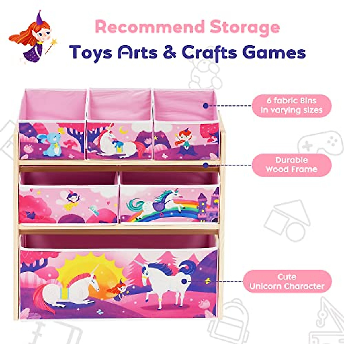 Jomifin Kids Toy Organizer for Boys Girls, 6 Storage Bins Large Storage Capacity Best Toy Storage Solution for Playroom, Nursery (Green) (Pink)